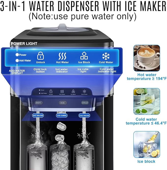 NUNET 3-in-1 Portable Ice Maker Water Dispenser Countertop Built-in Ic ...